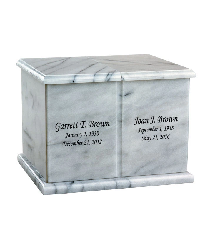 White Marble Companion Cremation Urn Vault with Engraved Photo