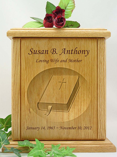 Bible Relief Carved Engraved Wood Cremation Urn