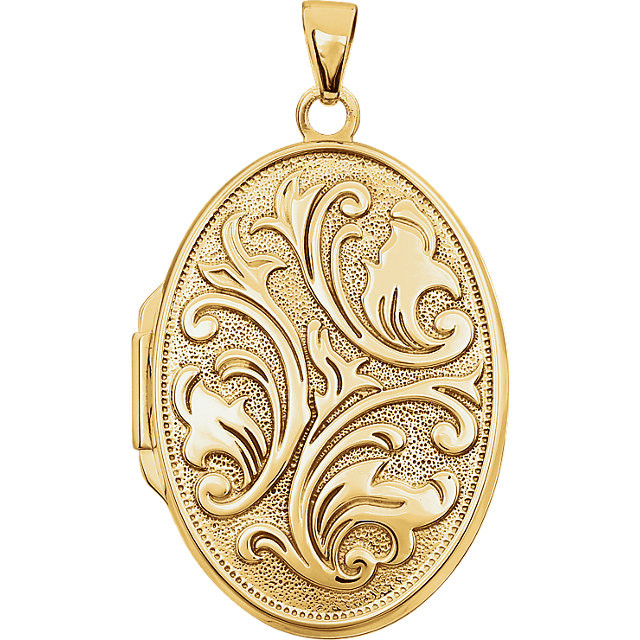 Oval Floral Embossed 14k Yellow Gold Memorial Locket Jewelry Necklace