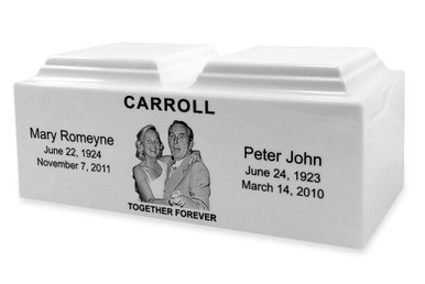 White Marble Companion Cremation Urn Vault with Engraved Photo