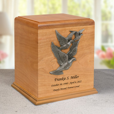 Doves In Flight Applique Auburn Solid Cherry Wood Cremation Urn