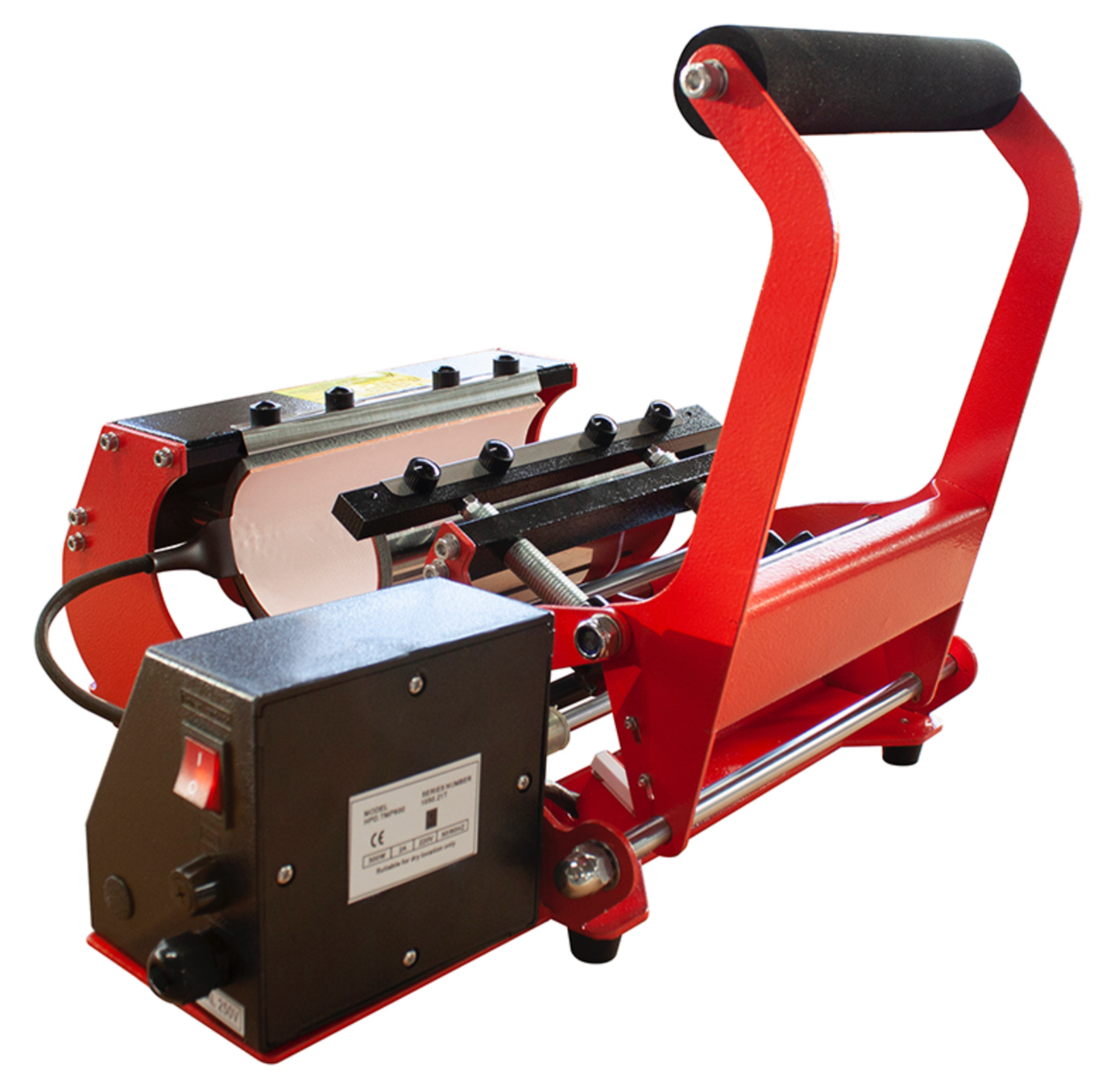 Wide heat press for 11oz mugs, water bottles and tumblers.