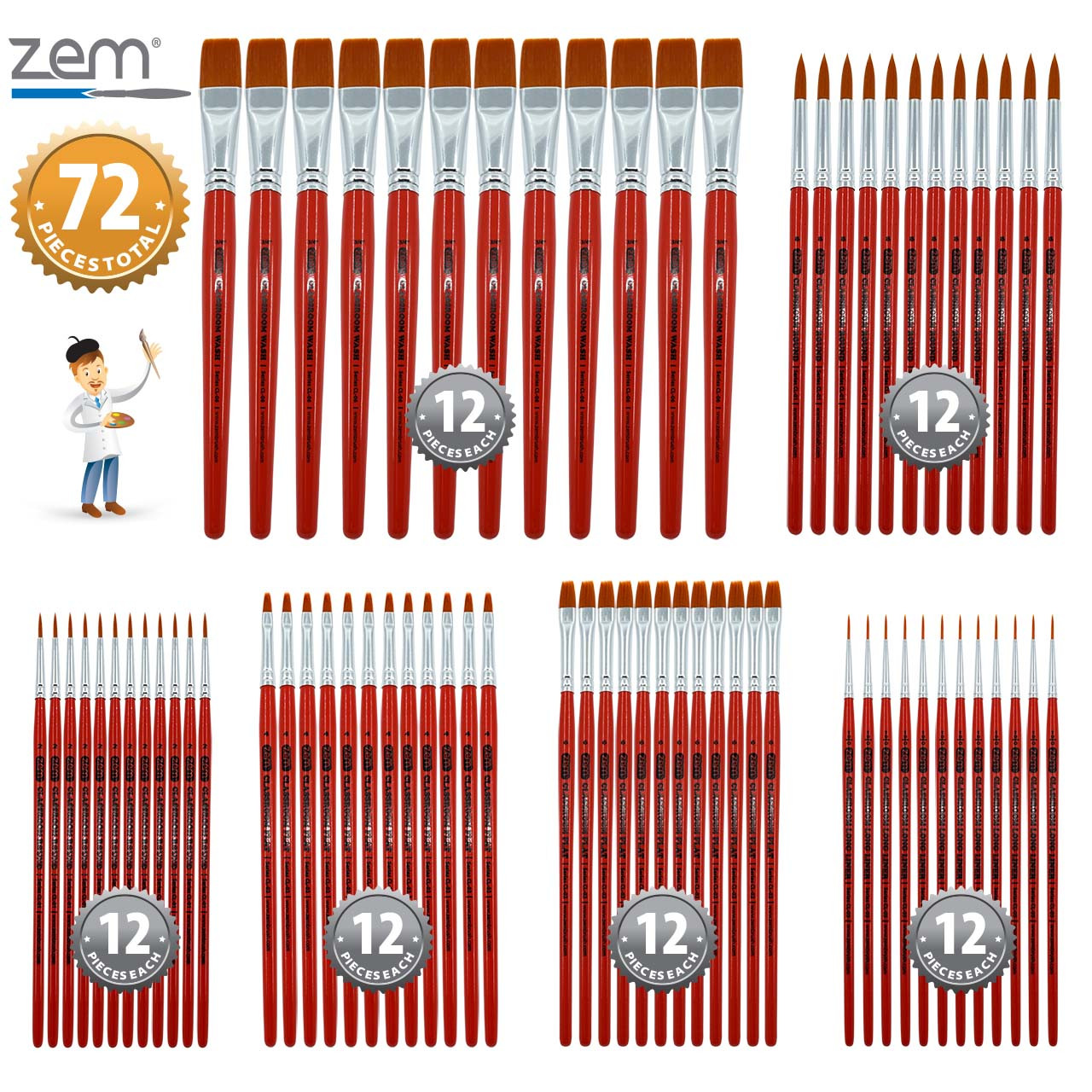 ZEM CLB-5 Classroom Artist Brush Box Set Combo Mix 72 pcs