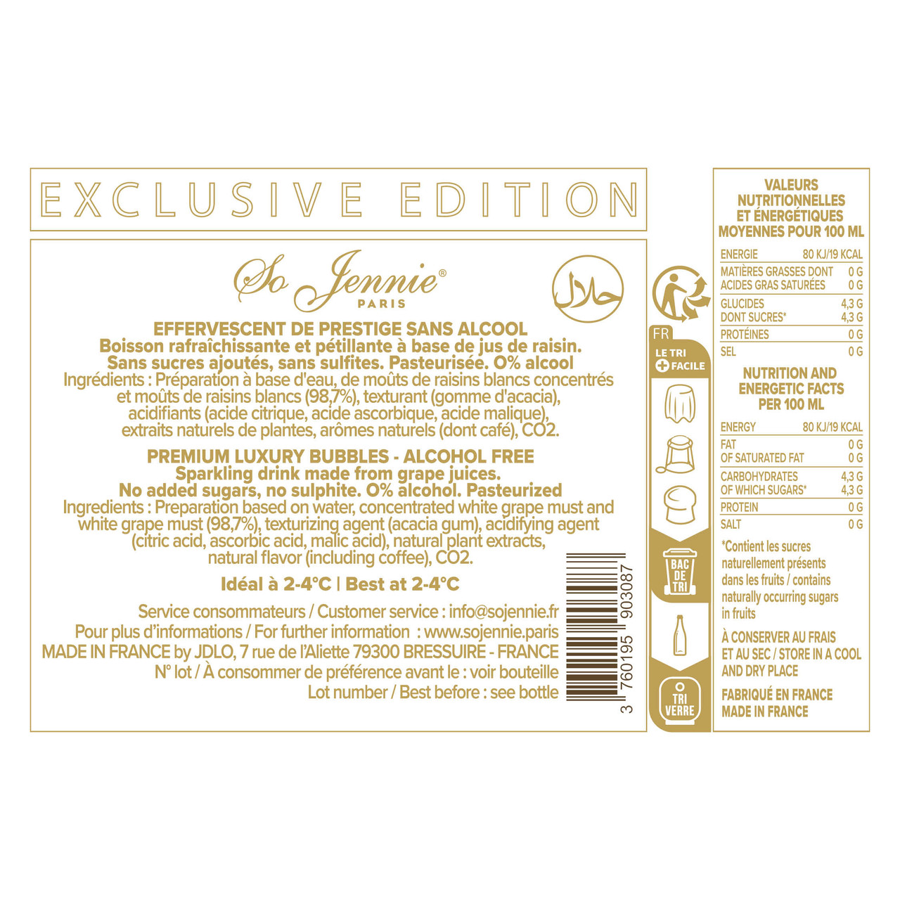 So Jennie Paris Blanc Dry – Non Alcoholic Champagne Half Bottle 375ml