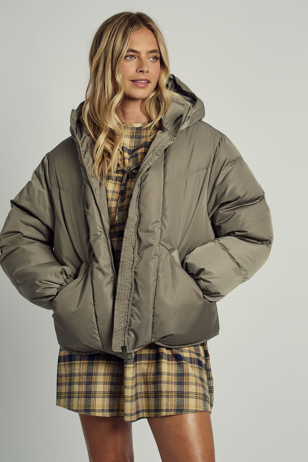 Khaki Woven Puffer Coat With Hood l Influence Fashion Wholesale New ...