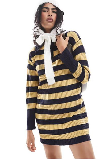 Bold Stripe Knitted Rugby Dress In Camel And Navy