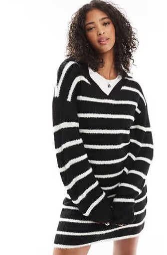Striped Fluffy Yarn Rugby Dress In Black And White