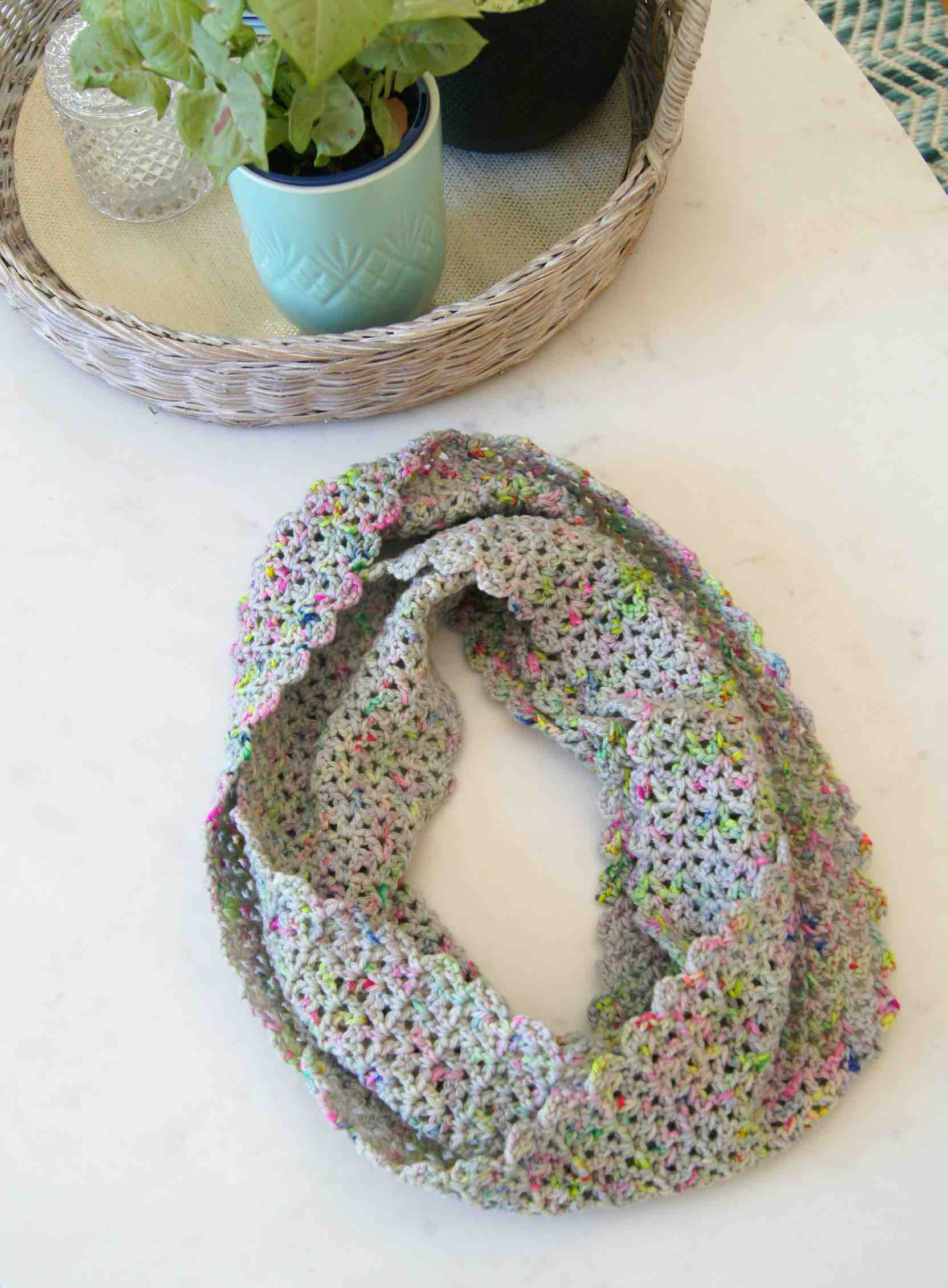 Scallop Edge Infinity Crochet Scarf PDF Pattern - Tied with A Ribbon