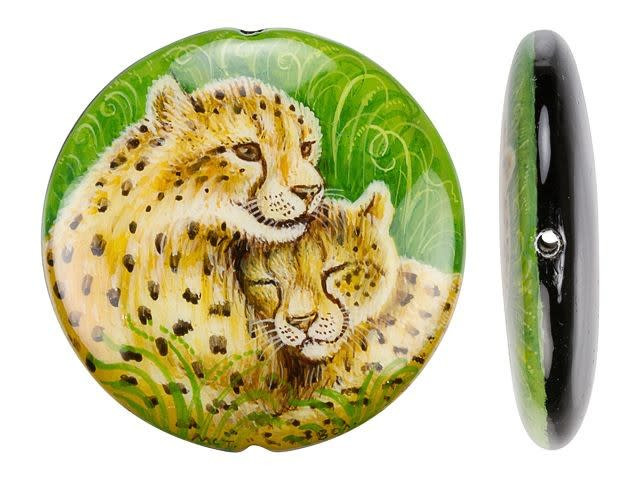 Two Cheetahs on Black Agate Round Bead