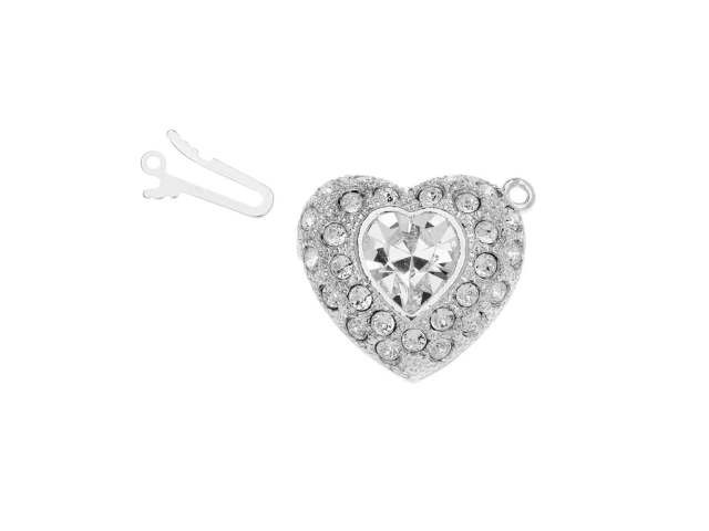 Elegant Elements, 1-Strand Heart Shaped Box Clasp with Crystals 22mm, Rhodium Plated - Artbeads.com