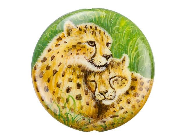 Two Cheetahs on Black Agate Round Bead