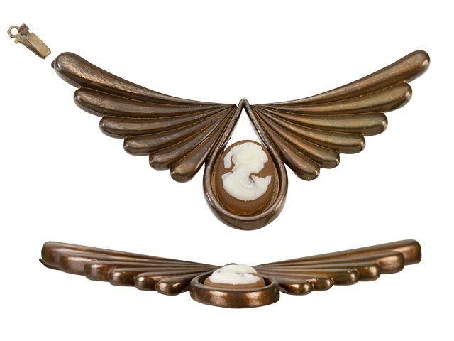 Antique Copper Angel Wings Clasp with Orange and White Cameo