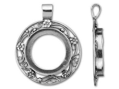 JBB Antique Silver-Plated Brass 25mm Round Bezel with Floral Frame Pendant