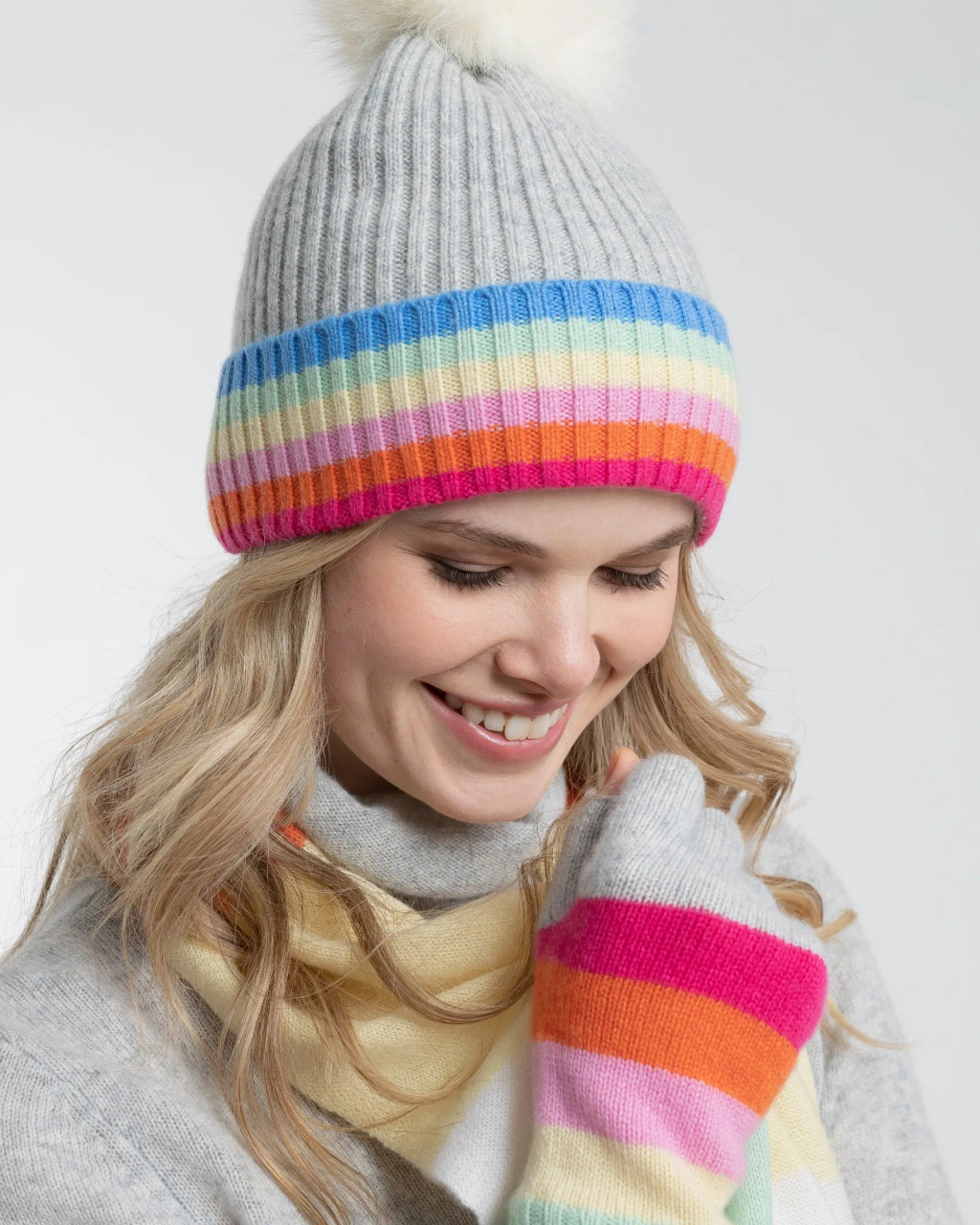 Alashan Cashmere Cashmere Rainbow Tipped Hat w Fox Pom | Island Pursuit