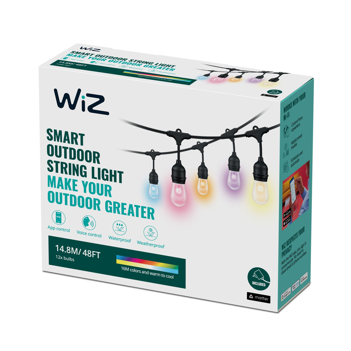 WiZ 48ft Smart LED Outdoor String Lights WiFi RGB Garden Party IP65 ...