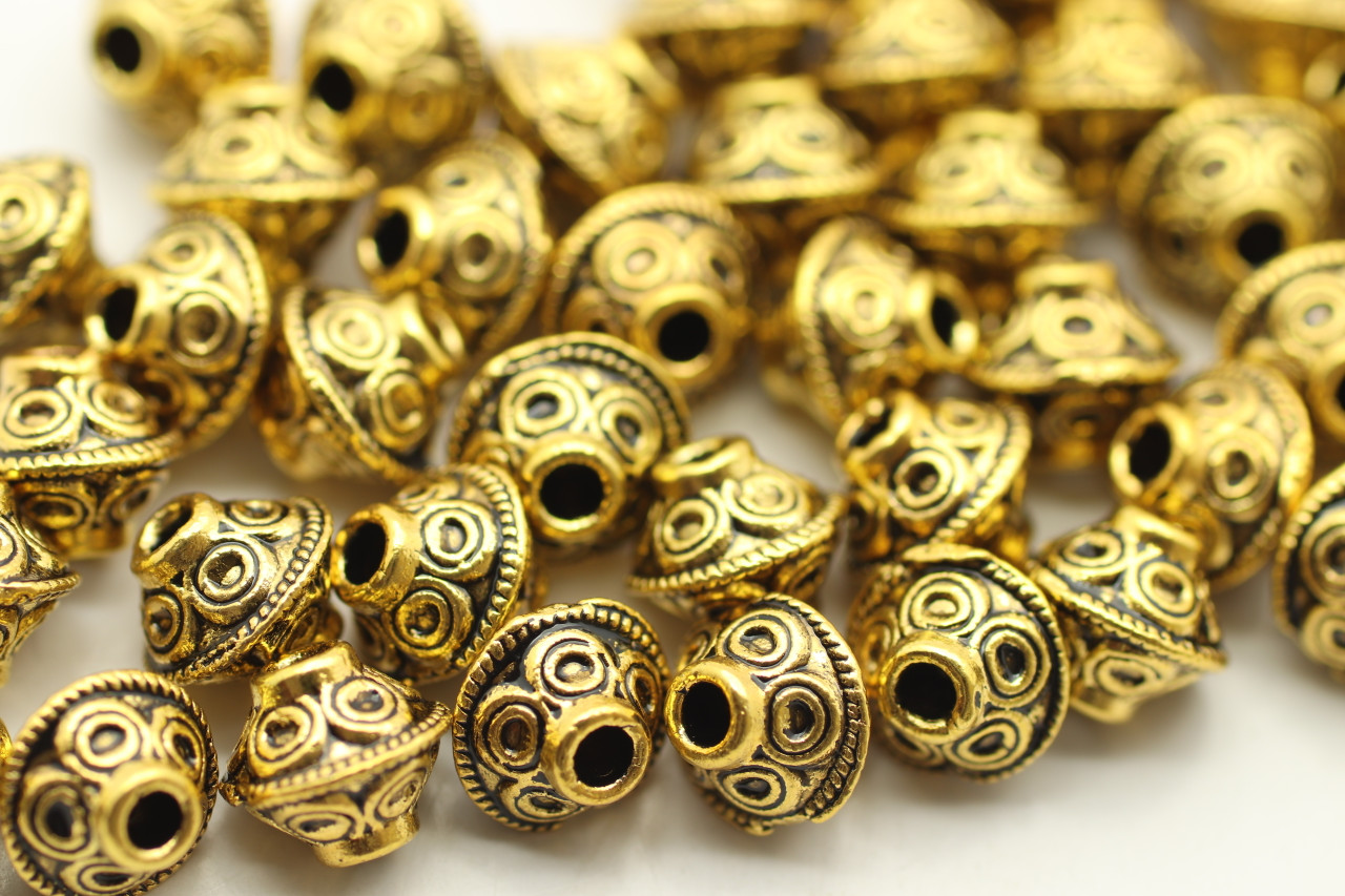 Bead, Bicone Circle Design, 6x7mm, Antique Gold Plated Metal Alloy ...