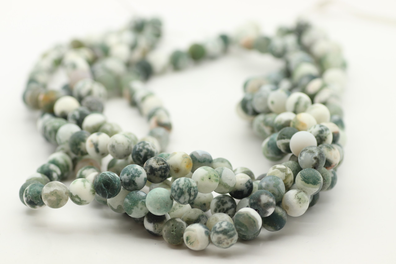 Tree Agate, Matte, Smooth Round in sizes 6mm & 8mm. Priced Per Strand