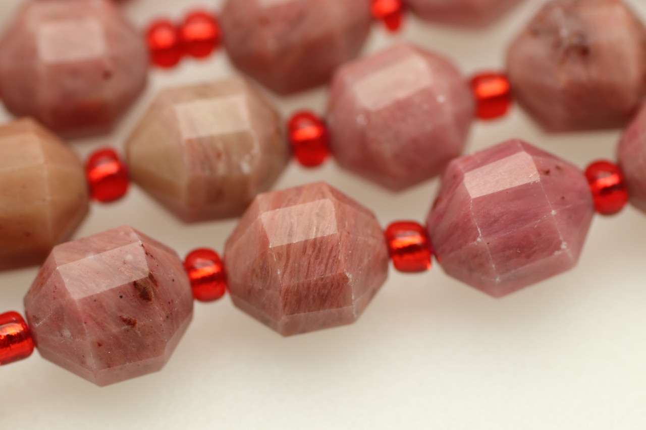 Rhodonite, Natural, Faceted Off Round, One 8mm Strand