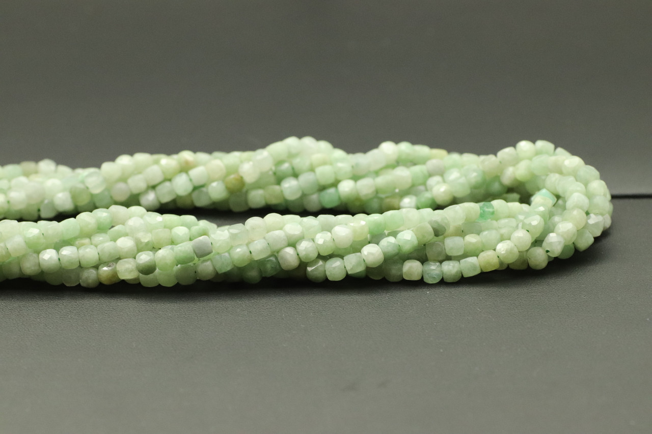 Jadeite, Natural, Faceted Cube Beads, One 4mm Strand