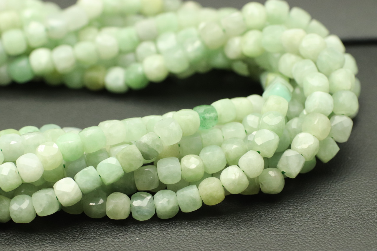 Jadeite, Natural, Faceted Cube Beads, One 4mm Strand