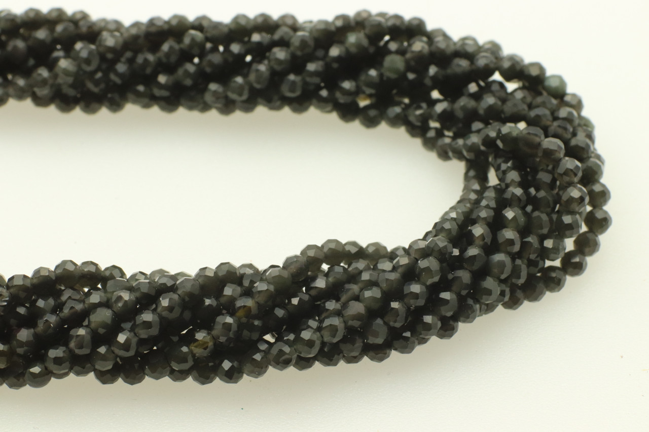 Obsidian, Black, Natural, Faceted Round, One 2mm Strand