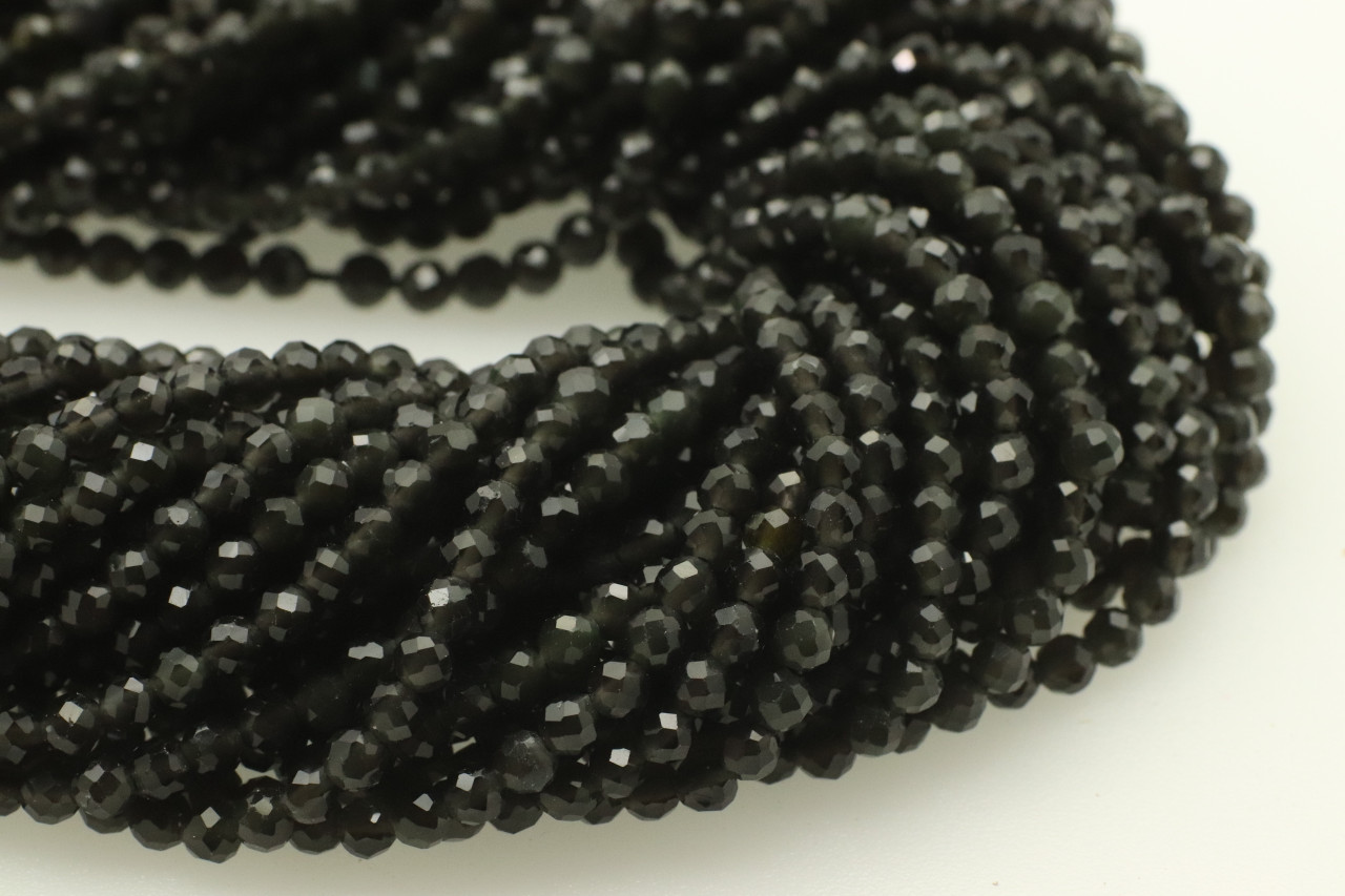 Obsidian, Black, Natural, Faceted Round, One 3mm Strand