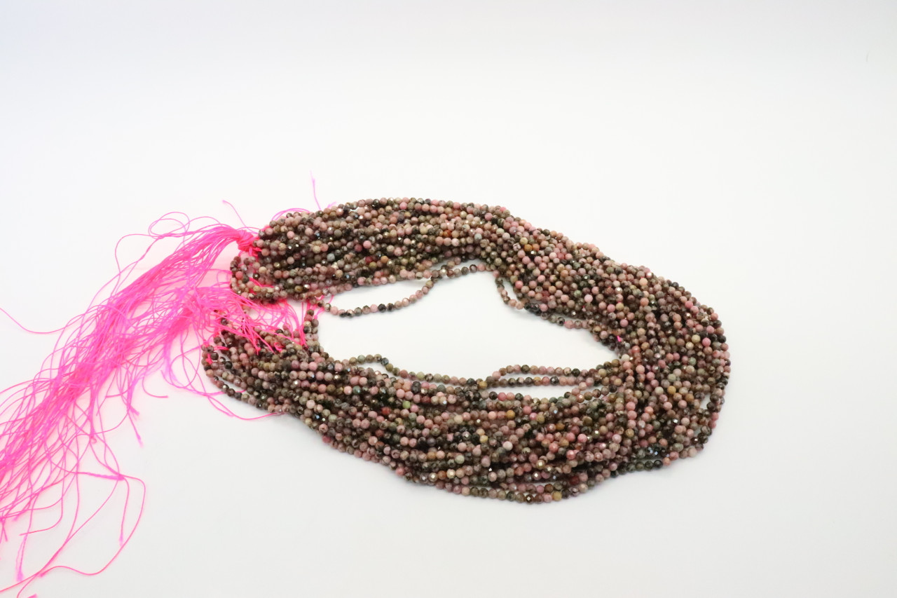 Rhodonite, Black Stripe, Natural, Faceted Round, One 3mm Strand