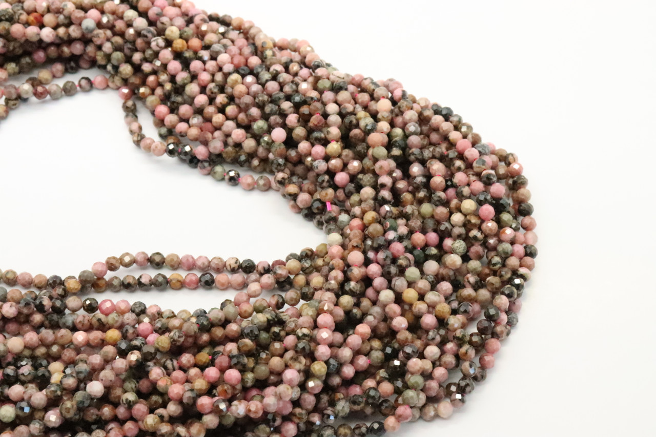 Rhodonite, Black Stripe, Natural, Faceted Round, One 3mm Strand