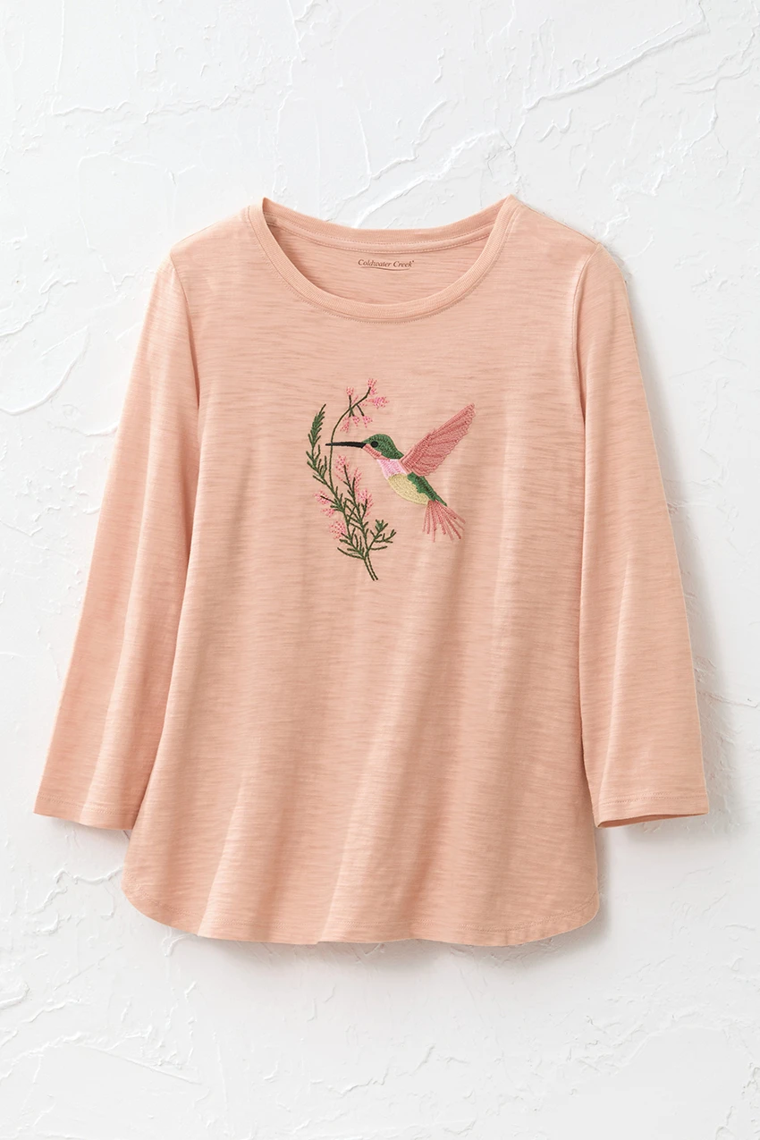 Hummingbird Embroidered Tee - Coldwater Creek