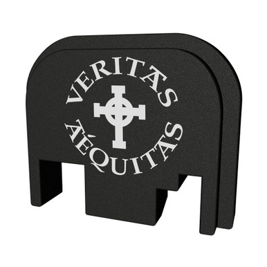Bastion Slide Back Plate - Veritas Aequitas, Black and White, Fits Glock