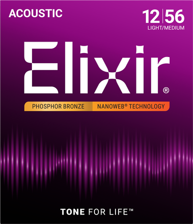 Elixir 16077 Phosphor Bronze Nanoweb Coated Acoustic Guitar Strings Light-Medium 12-56