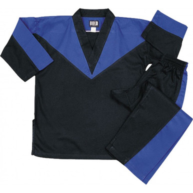 8 oz V-Neck Team Uniform - Black with Blue | UniformsForMartialArts.com