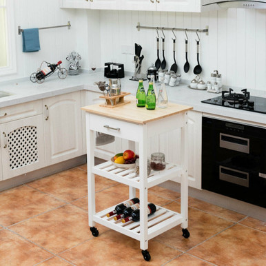 Kitchen Island Cart Multifunction Rolling Trolley Small Wood Cart-White ...