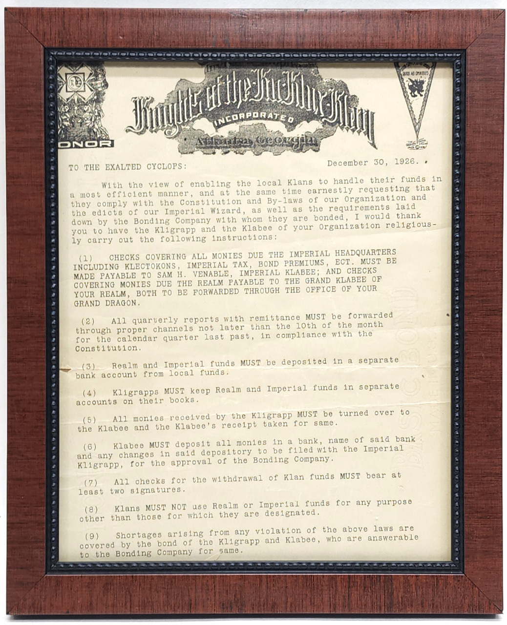 Antique 1926 Knights of Ku Klux Klan Original Period Document Letter to ...