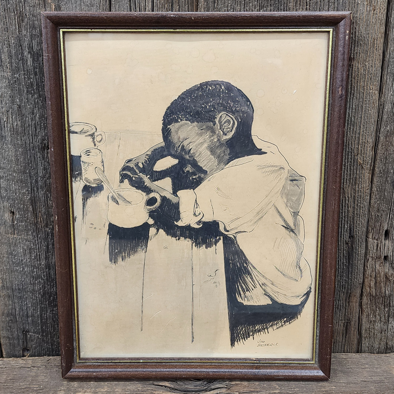 Vintage Signed Joe Broderick Black Americana Ink Drawing Boy Sleeping ...