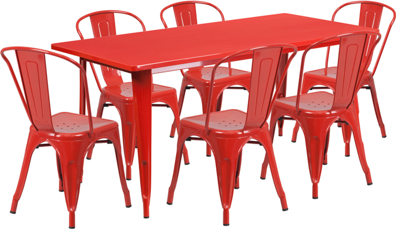 Indoor Outdoor Cafe Metal 7 Piece set 31.5 x 63 Rectangle Table with 6 Tolix Stack Chairs FoldingChairsandTables