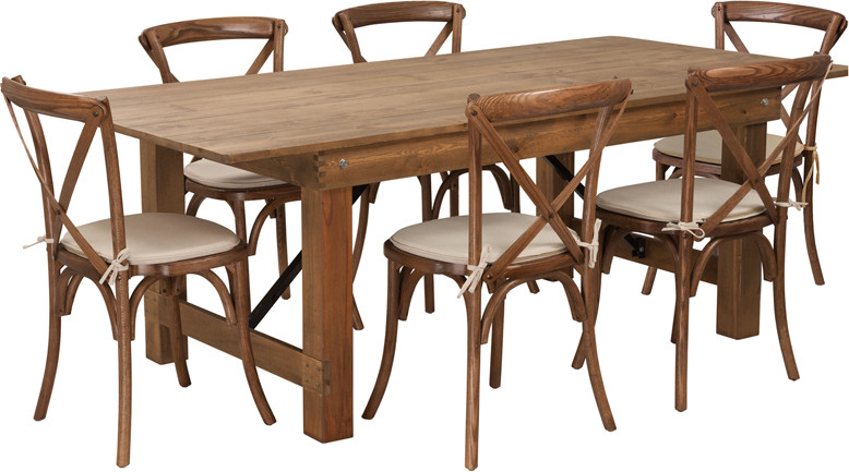 7 Ft Antique Rustic Stained Farm Table Set with 4, 6, or 8 Pecan Cross ...