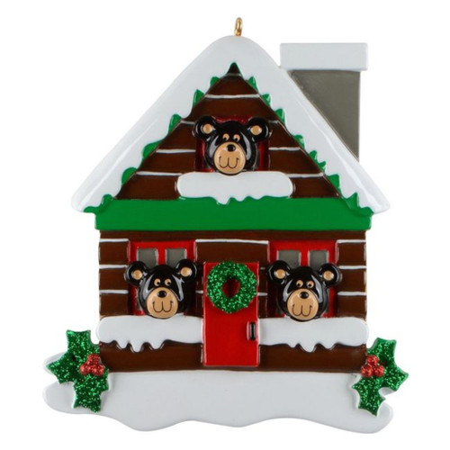 Log Cabin Bears Family of 3 Personalized Ornament