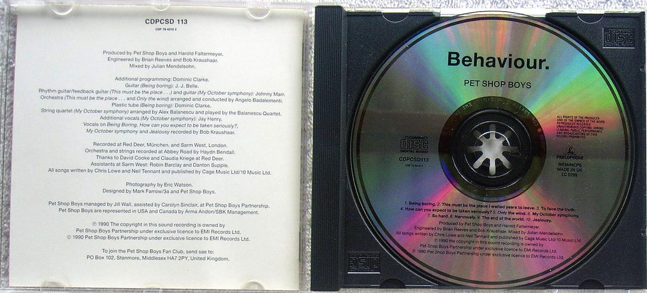 Synth Pop PET SHOP BOYS Behaviour. CD 1990