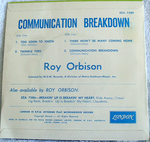Roy Orbison Communication Breakdown Australian EP Vinyl 1967
