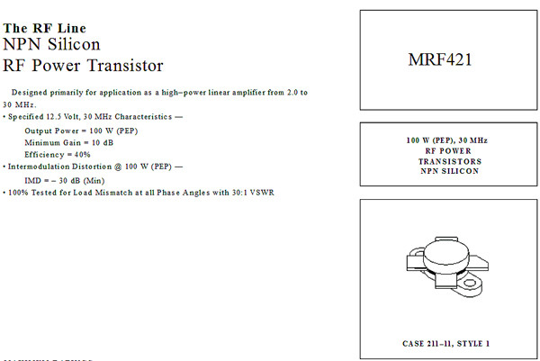 Motorola HF RF Power Transistor MRF421 100W