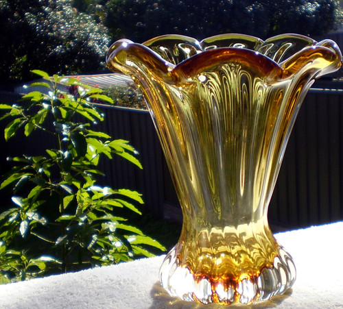 Medium Size Heavy AMBER ART GLASS Vase (Hand Blown Wide Mouth 8 Inch ...
