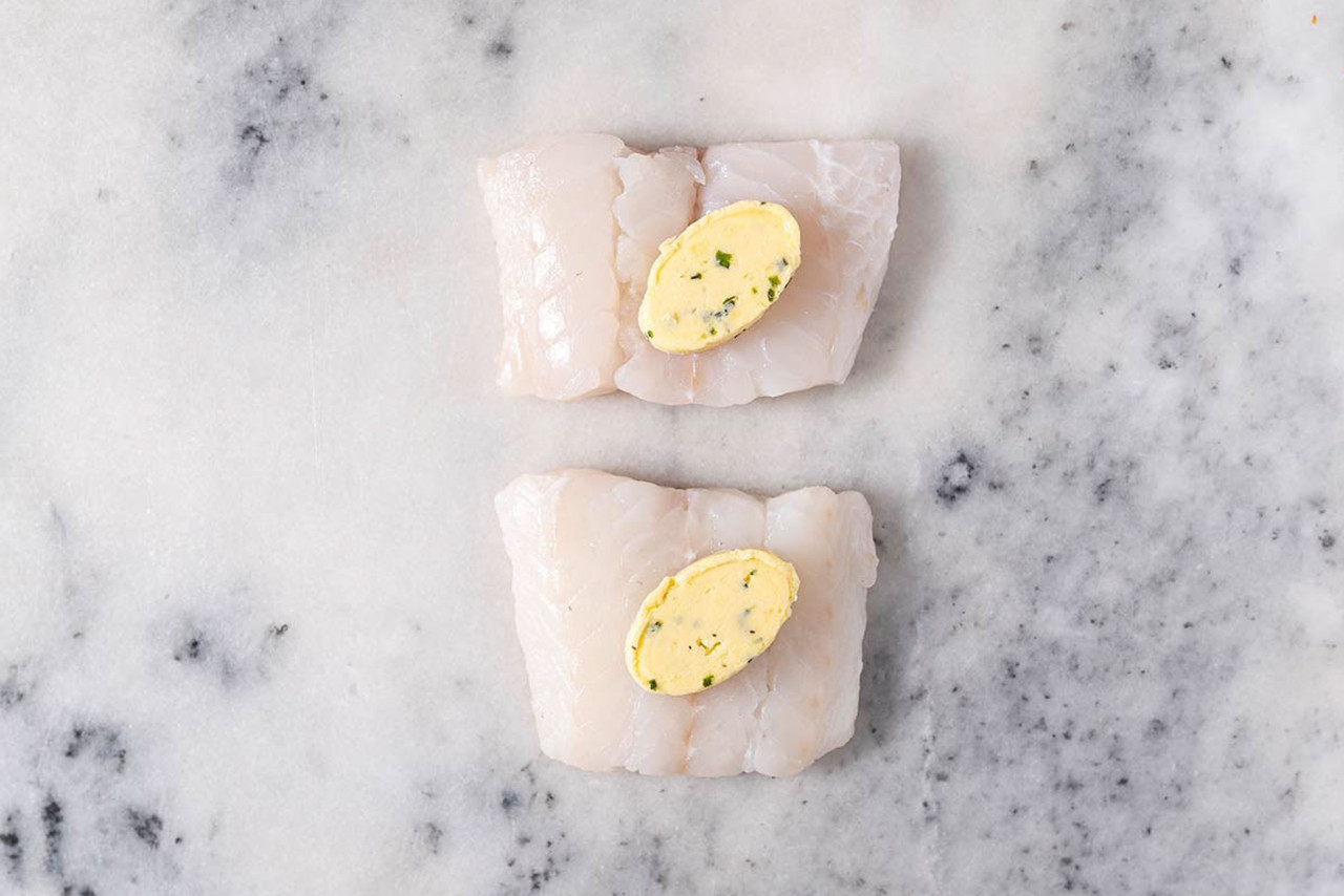 2 Cod Fillets portions with Roasted Garlic and Herb Butter - Regal Fish ...