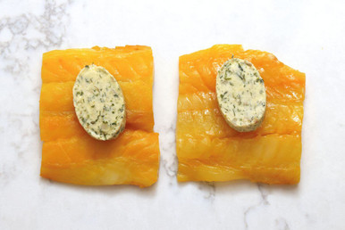 2 Smoked Haddock Fillets portions with Roasted Garlic and Herb Butter ...