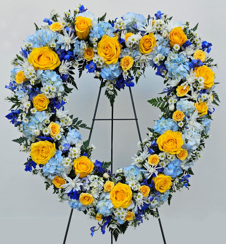 Open Heart Spray with Blue and Yellow Blooms | Sympathy Funeral ...