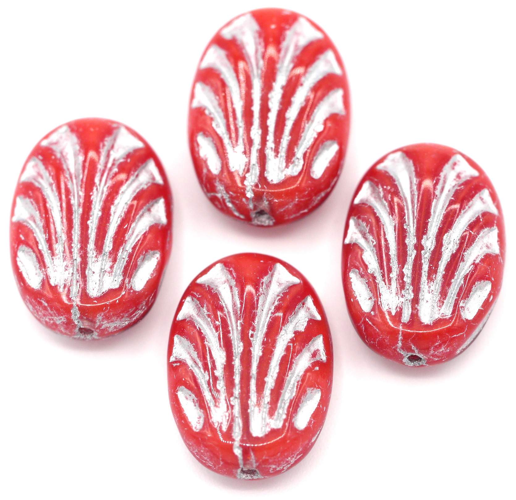 4pc 12x17mm Czech Pressed Glass Fancy Oval Bead, Satin Red/Silver Wash ...
