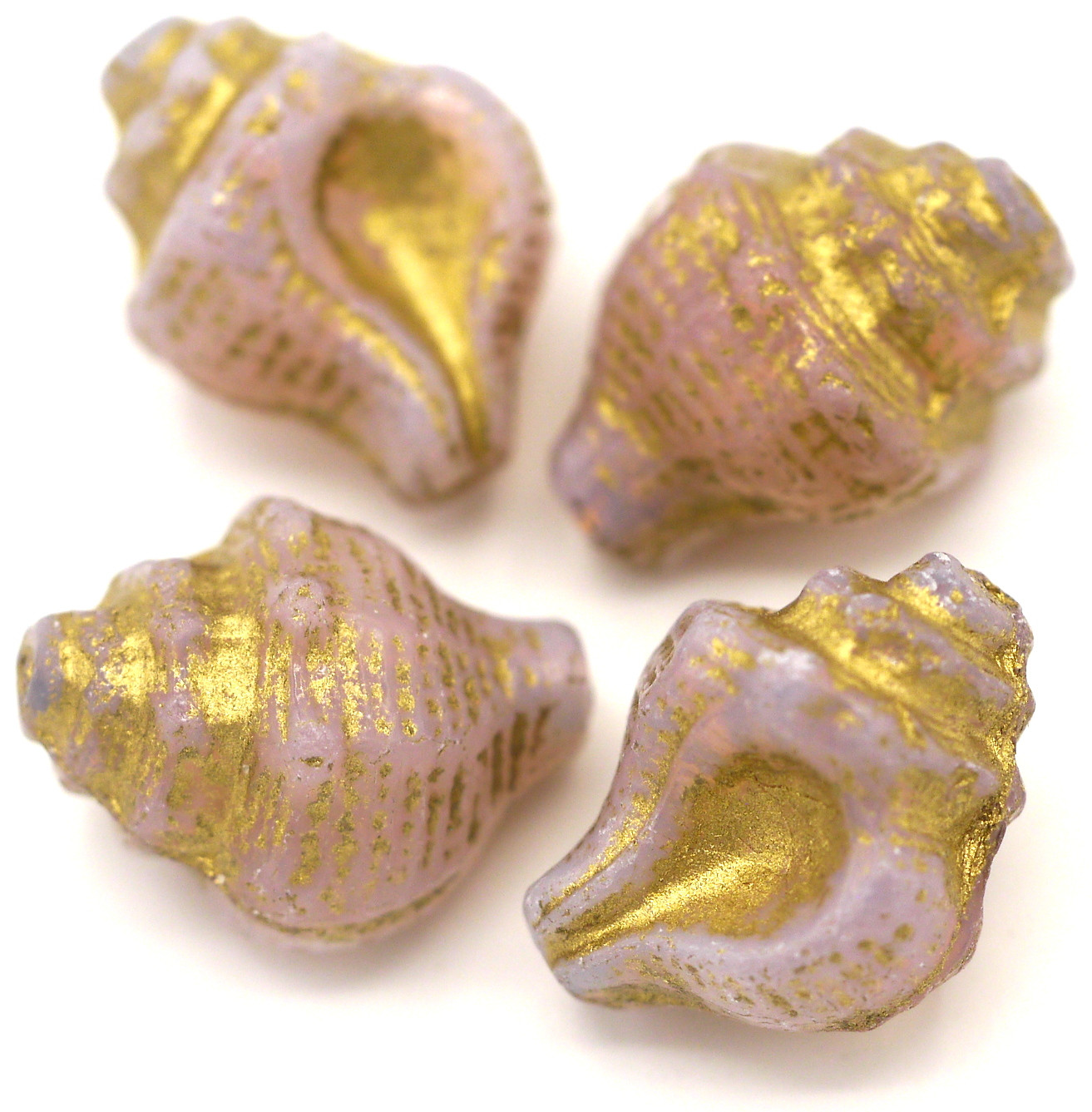 4pc 15x12mm Czech Pressed Glass Conch Shell Beads, Pink Opal/Gold Wash ...