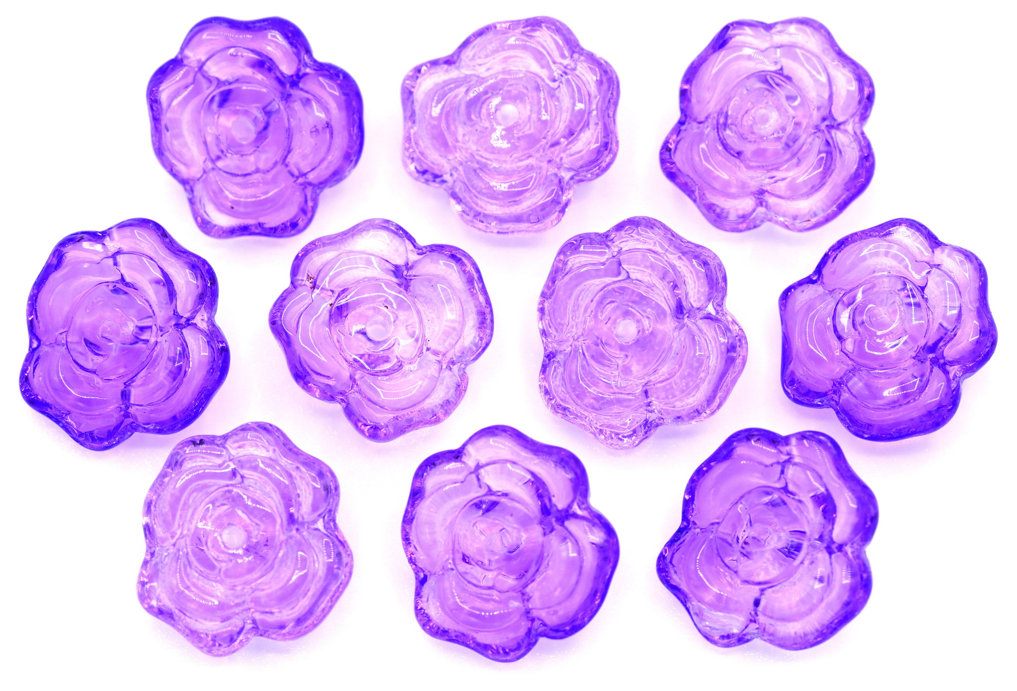 10pc 13mm Pressed Glass Rose Beads, Crystal/Purple - Bead Box Bargains