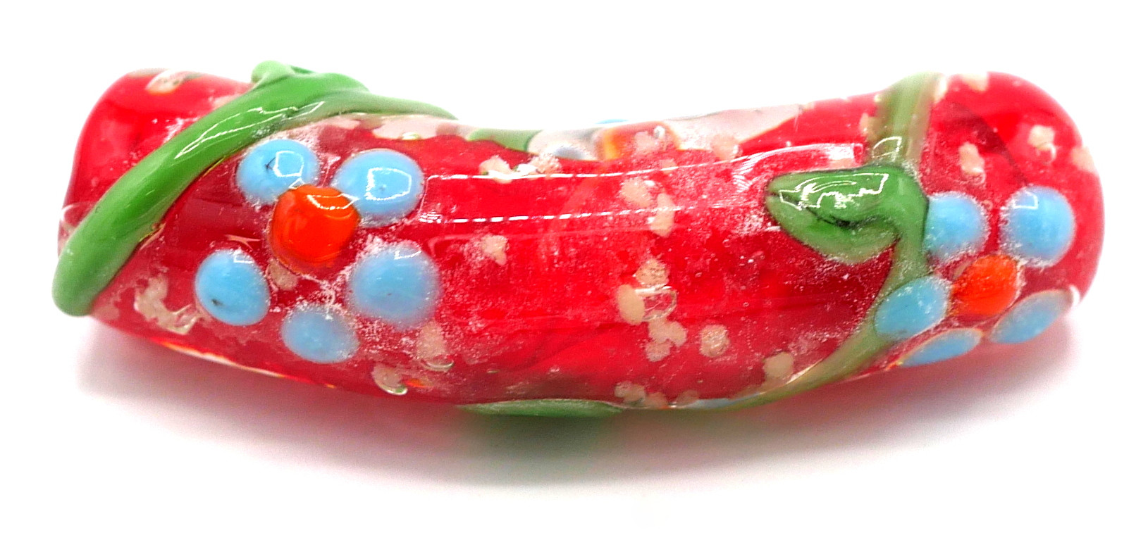 Approx. 36x10mm Lampwork Glass Elbow Cylinder Bead, Red/Floral/Glow-In ...