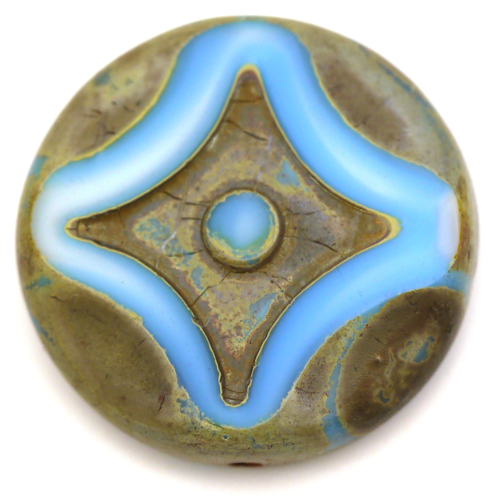 20mm Czech Table-Cut Glass Art Deco Coin Bead, Sky Blue/White Swirl ...